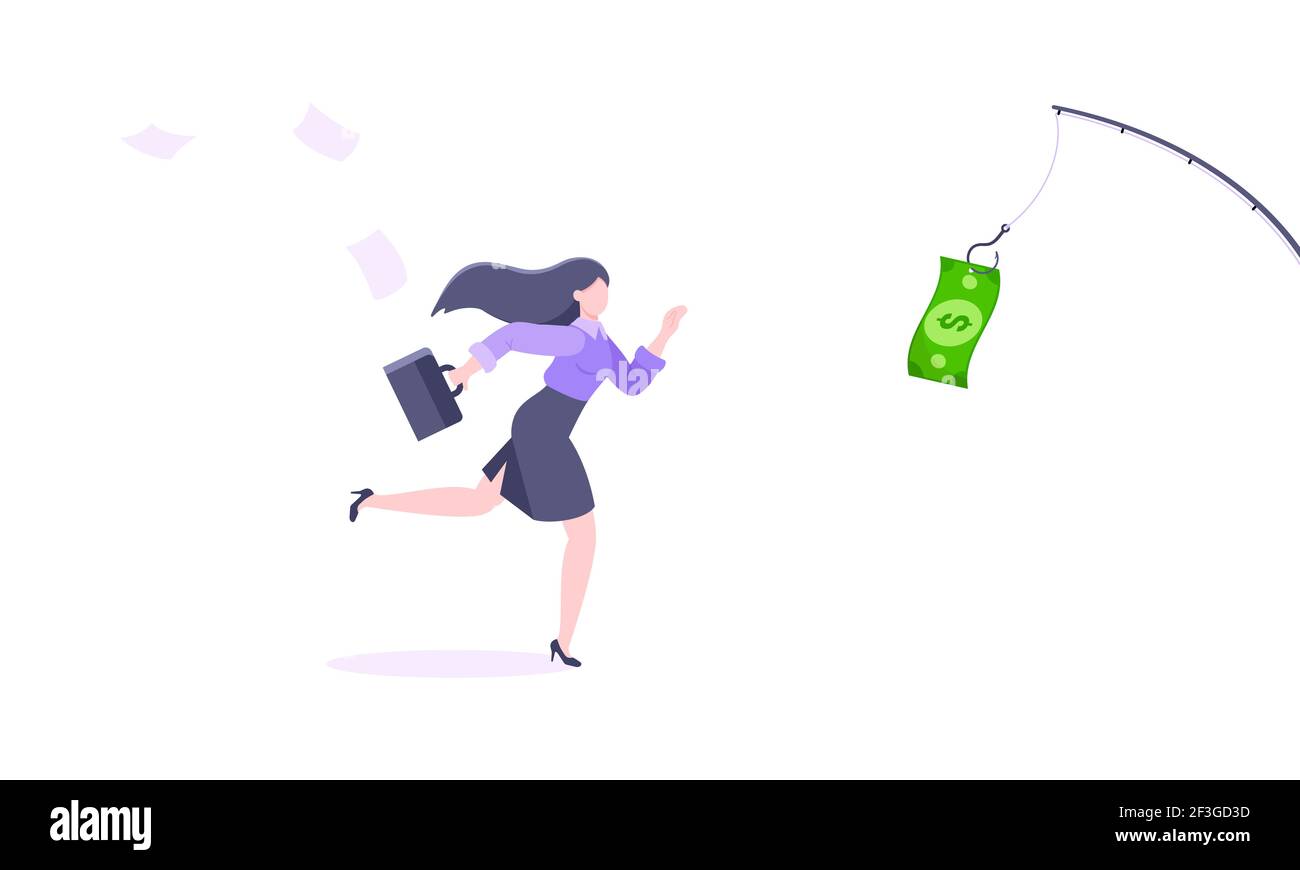 Money chase business concept with businesswoman running after dangling ...