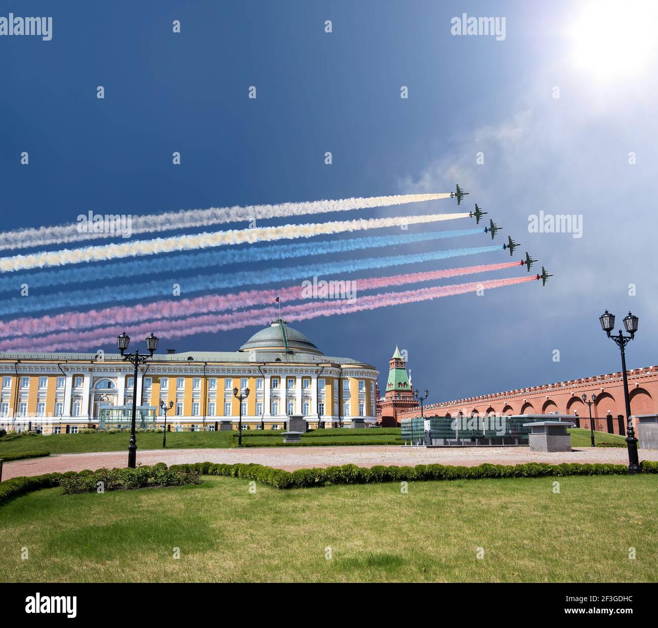 Russian military aircrafts fly in formation over the Moscow Kremlin ...