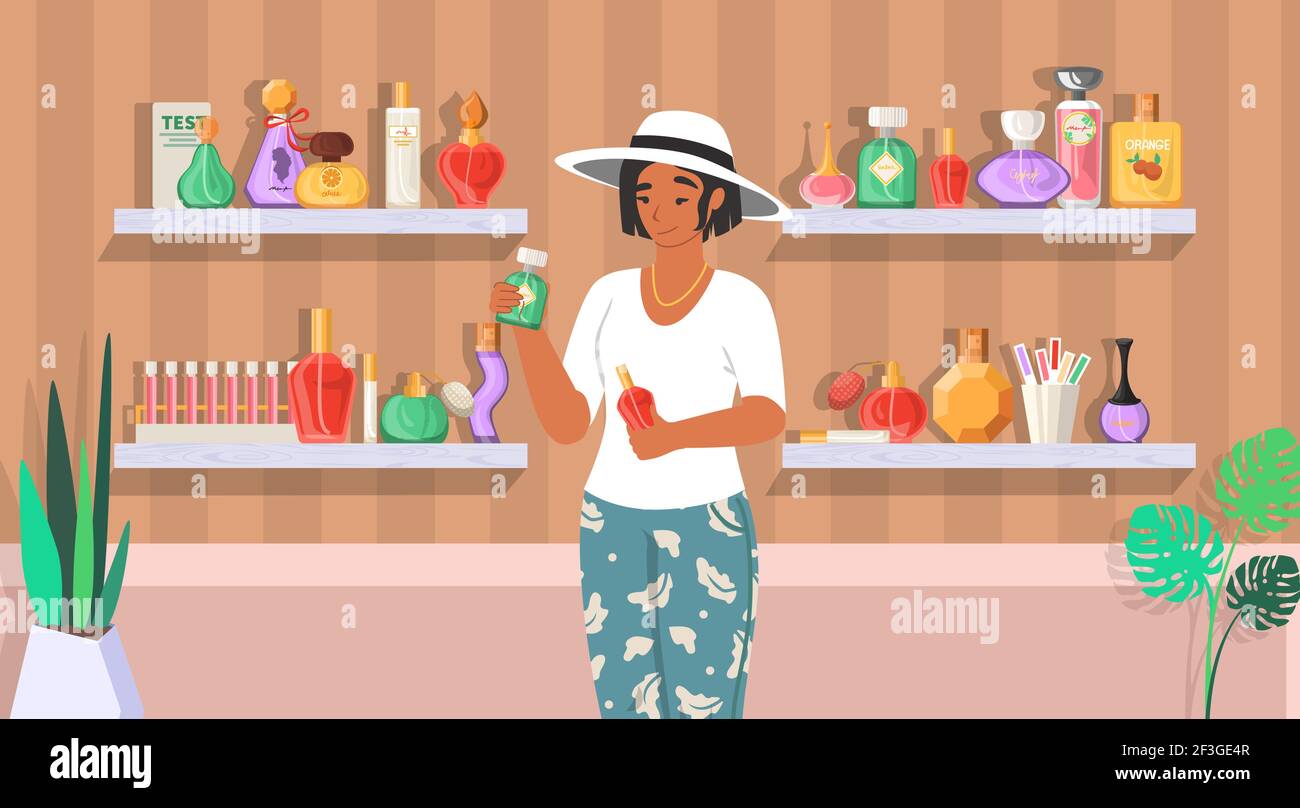 Perfume shop. Woman with perfume bottles, flat vector illustration ...