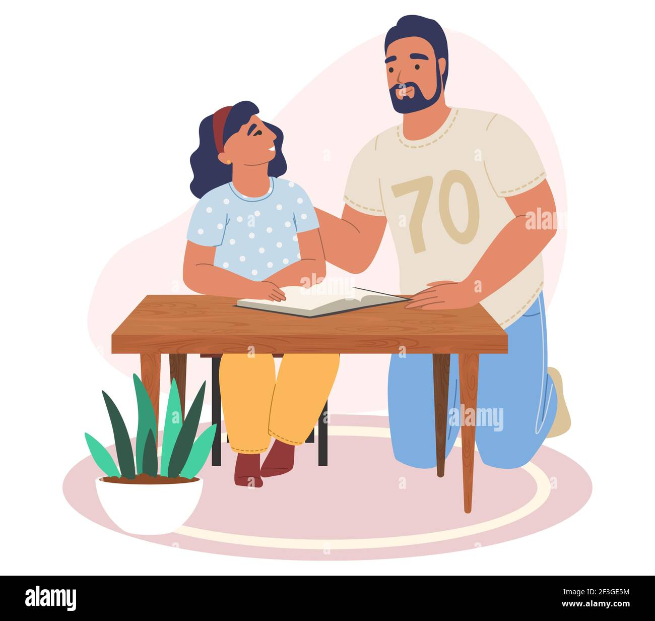 Happy father and daughter reading book together, flat vector ...