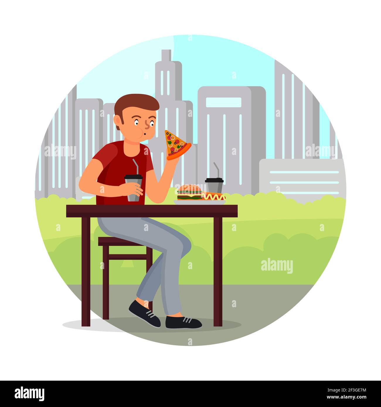 Hungry man eating pizza, hot dog, burger, flat vector illustration ...