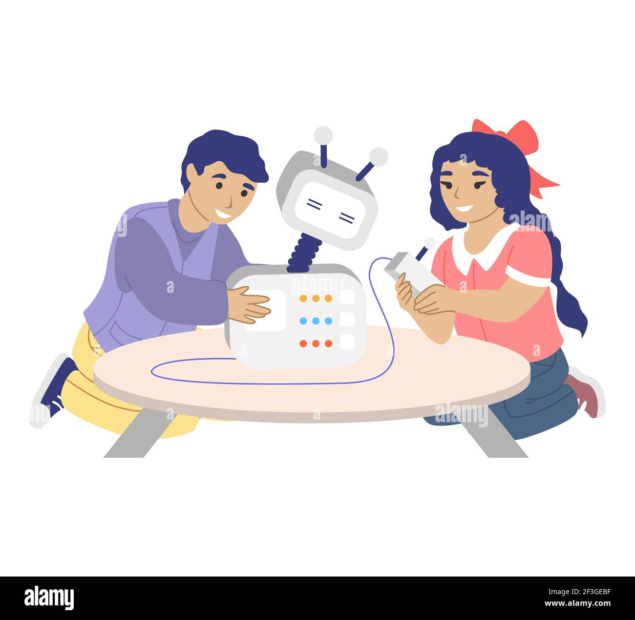 Happy children playing with robot toy, programming smart robot, flat vector illustration ...