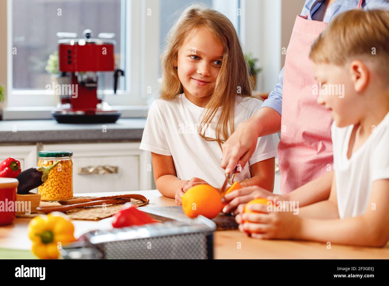 Woman and her kids cooking in kitchen Stock Photo - Alamy