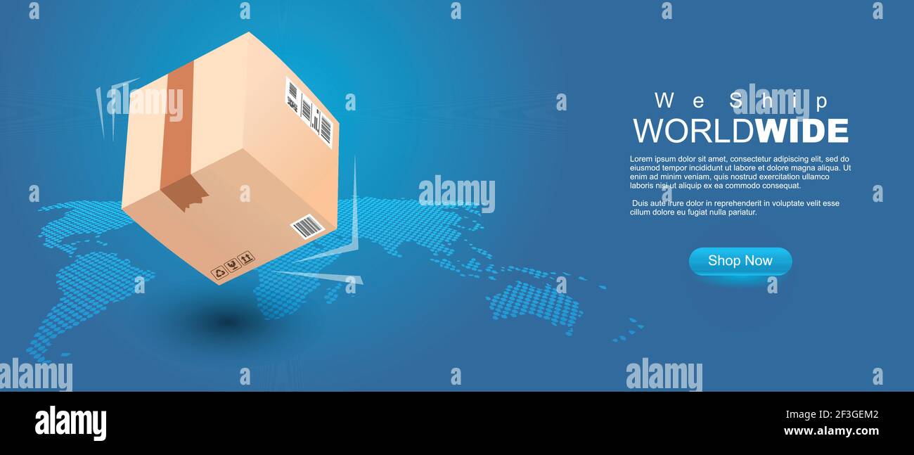 we ship world wide banner. 3d style shipping package in front of map ...
