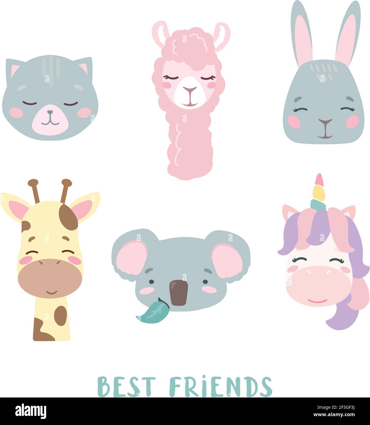 Set of vector animals in cartoon style. Cute smiley unicorn, bunny ...