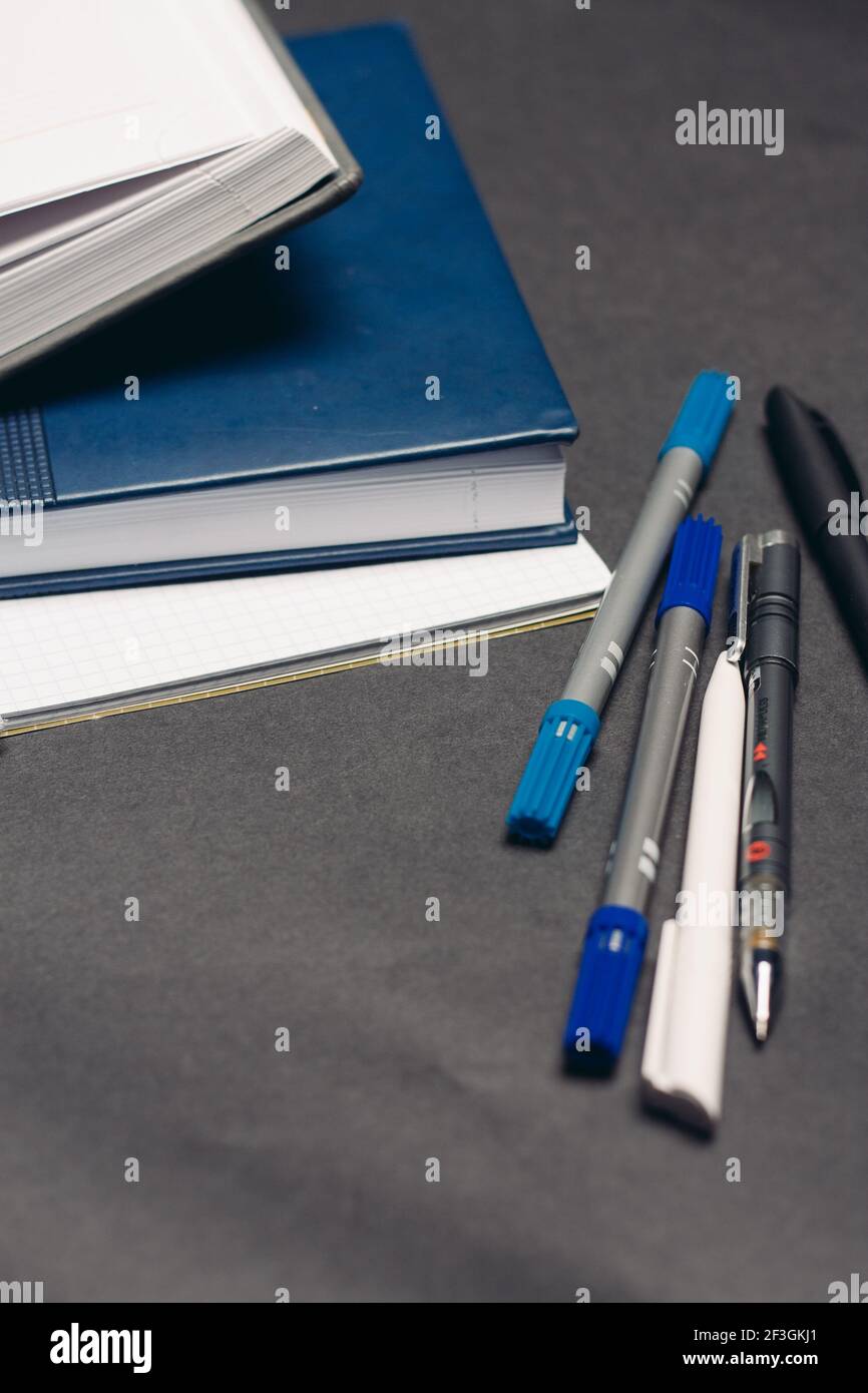 notepads documents books pens desktop gray background office Stock ...