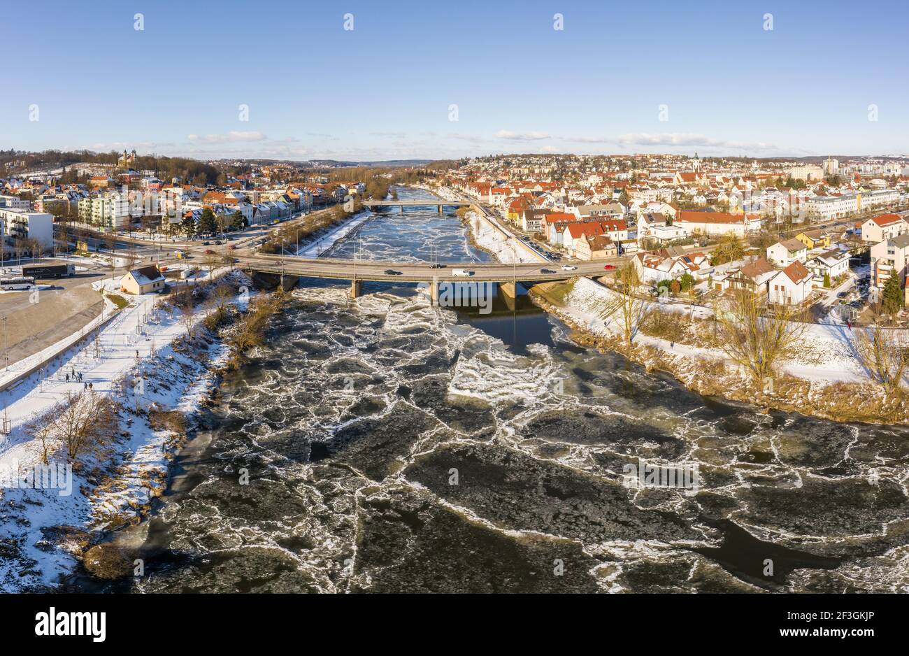 Panorama of Regensburg city in Bavaria with river Regen flowing into ...