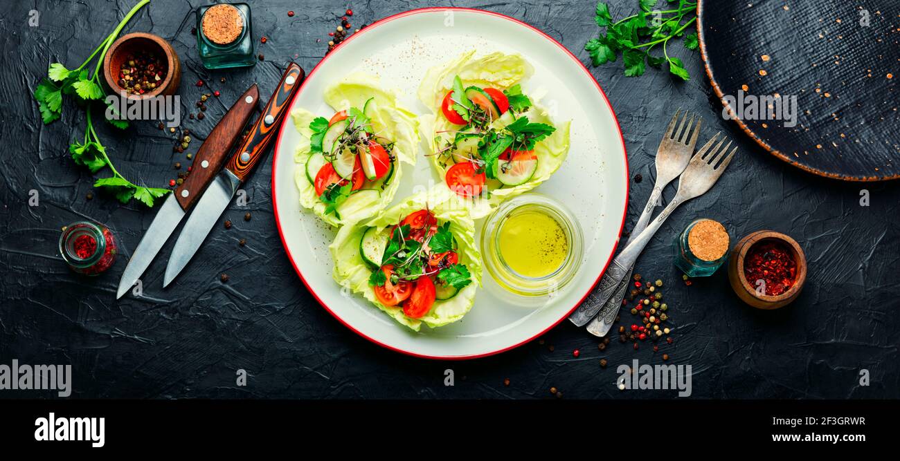 Vitamin fresh salad with cabbage,cucumber,tomato and micro greens Stock ...