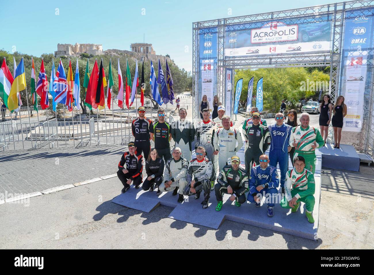 Drivers and Codrivers on the podium start with the Parthenon during the ...