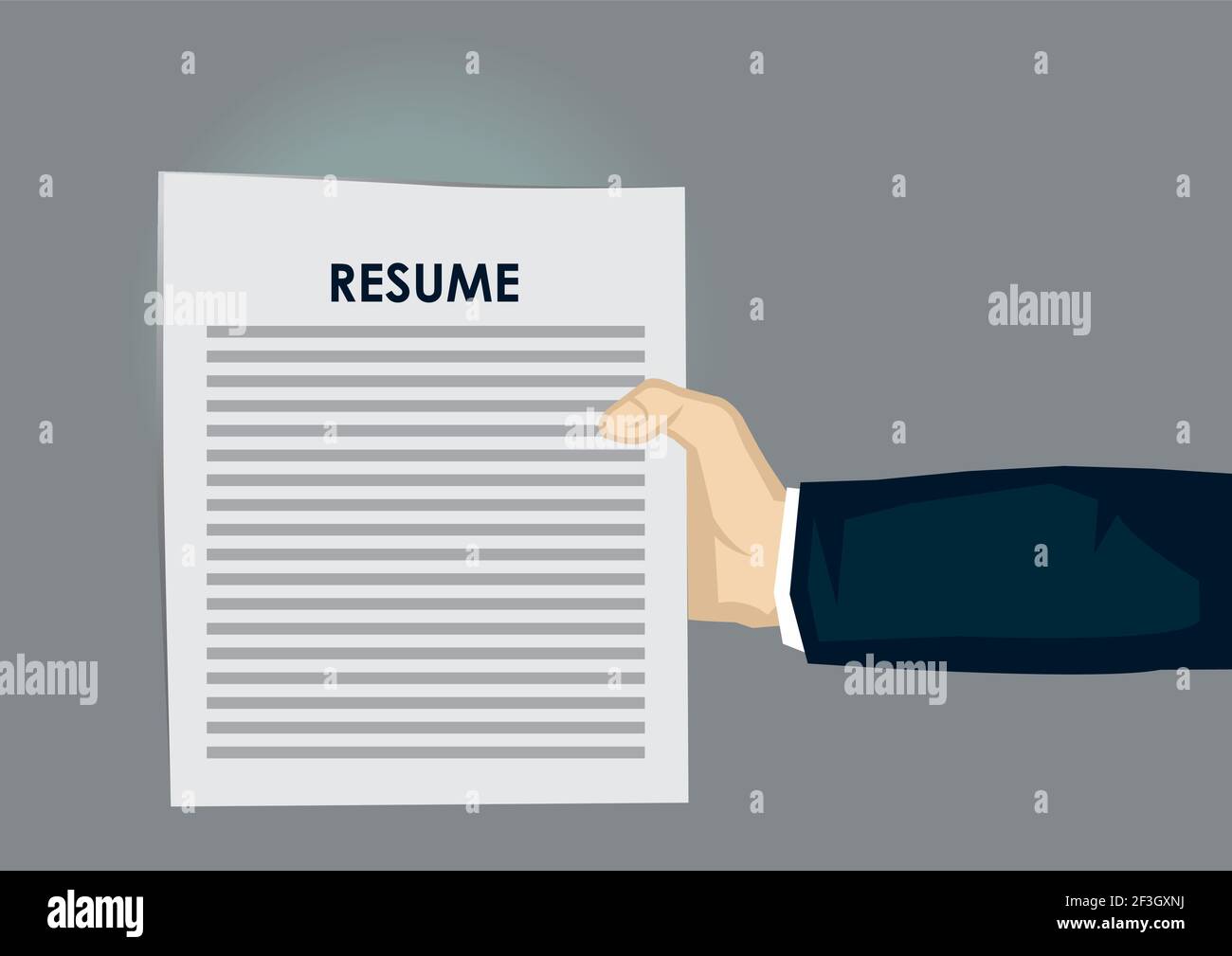 Cartoon hand holding paper document titled Resume isolated on grey ...