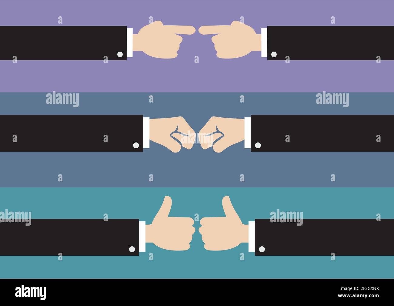 Vector cartoon illustration of three sets of hand gestures in side view ...
