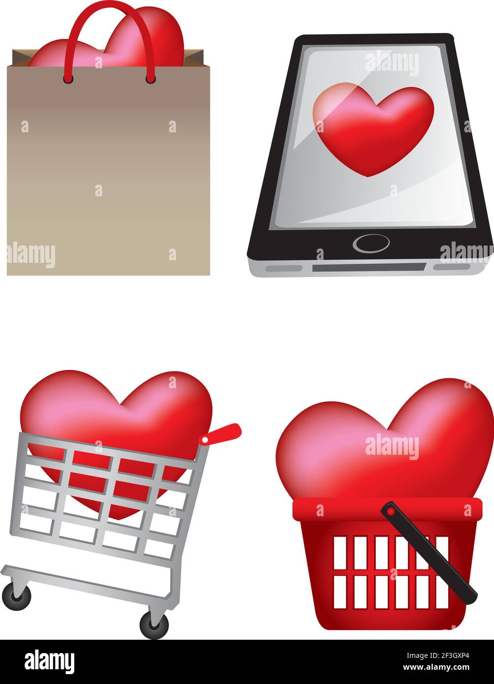Vector illustration of heart icons in different shopping scenarios to ...