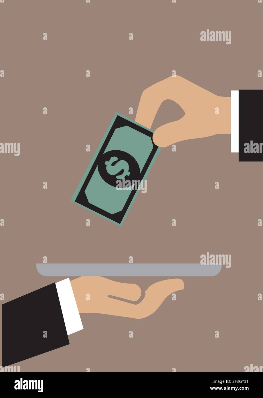 Vector illustration of a hand putting a dollar note onto a tray ...