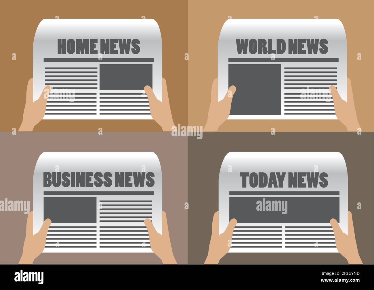 Hands holding newspaper with different section titles and headlines ...