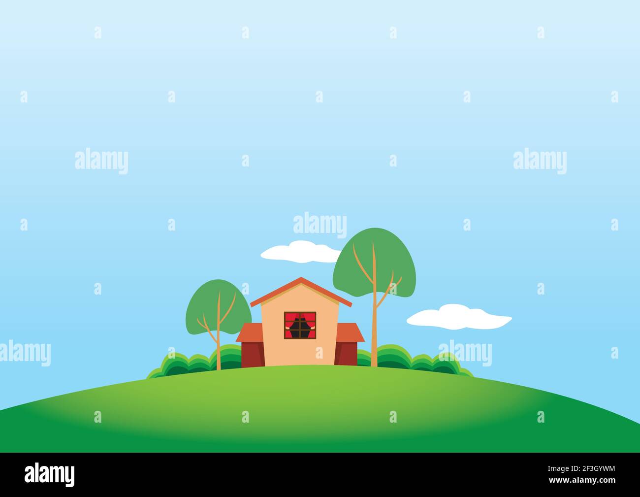 Vector illustration of the side-view of a cute house and trees in a ...