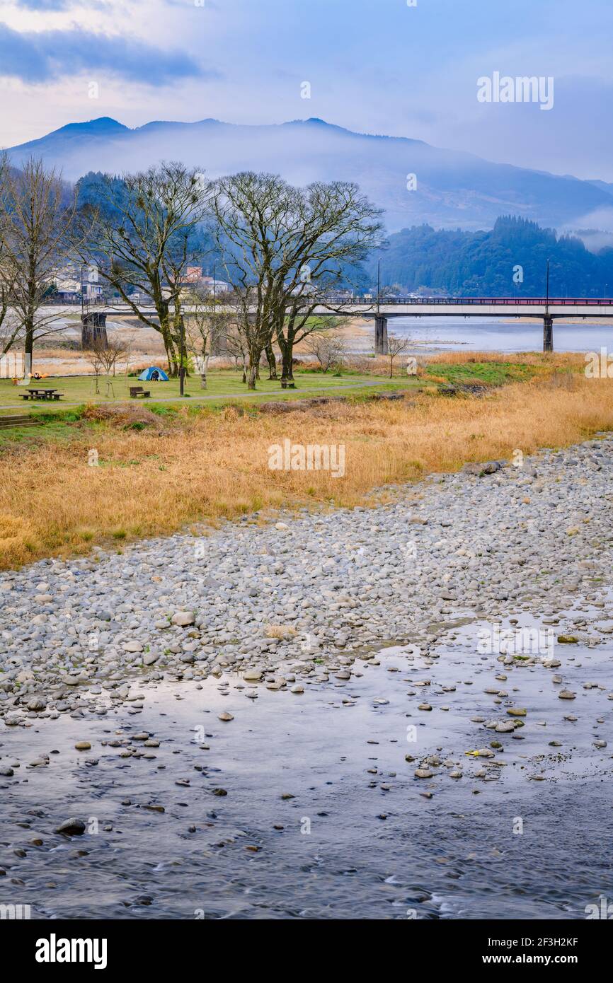 Kumamoto, Japan, 18 March 2020 - Early morning mist landscape along ...