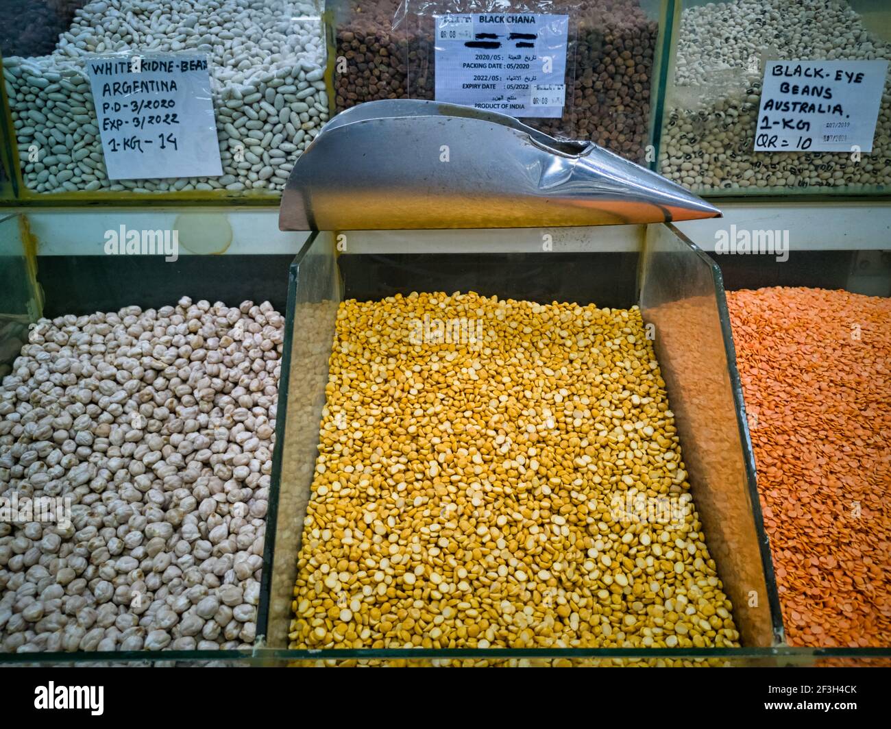 Wide variety of typical Indian and Arabic spices, displayed in a street ...
