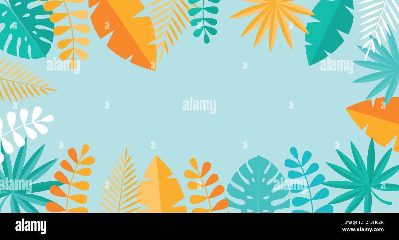 Simple Tropical Palm and Motstera Leaves Natural Blue Background ...