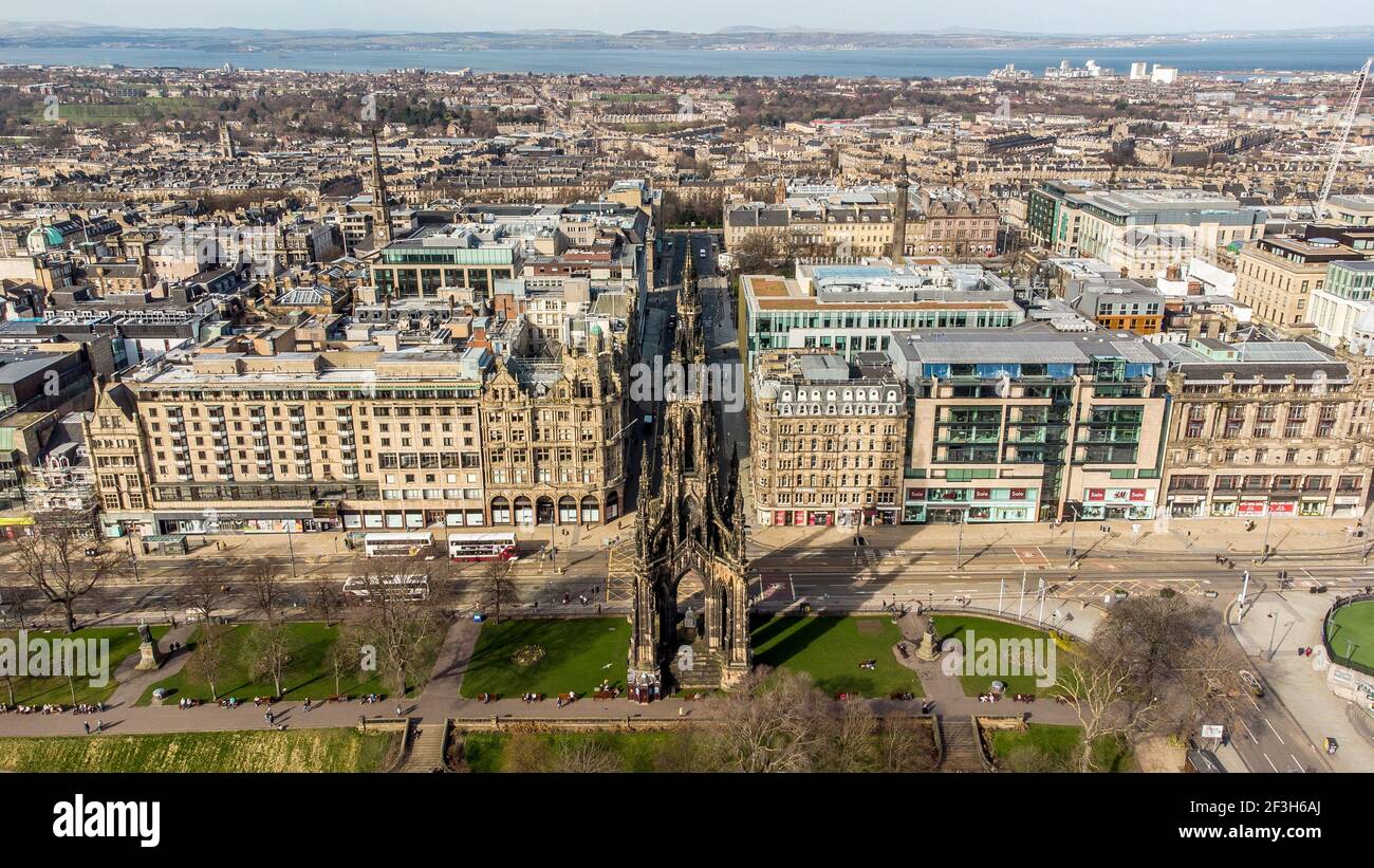 An aerial view of the Scott Monument and surrounding area in Edinburgh ...