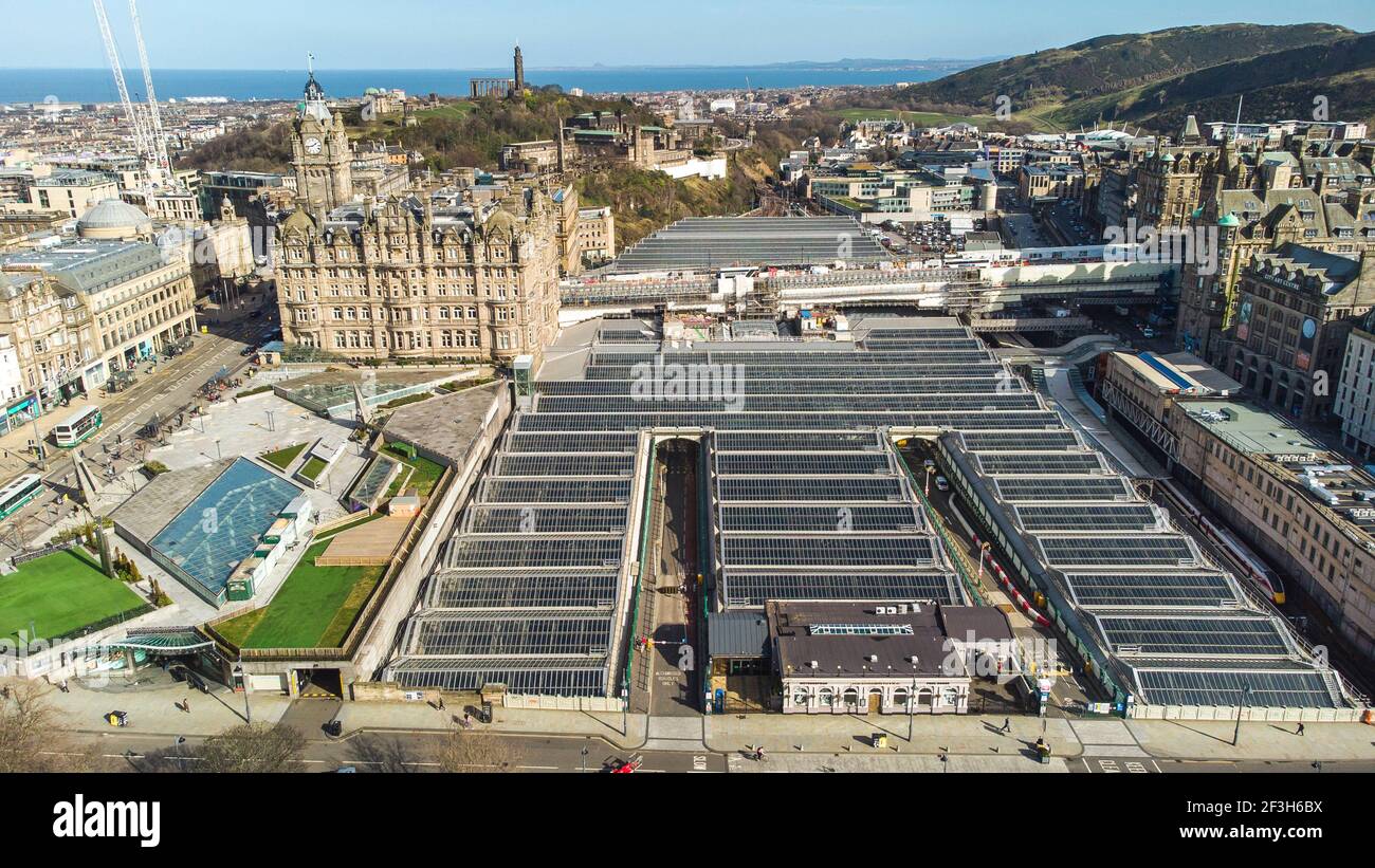 An aerial view over Waverley train station in central Edinburgh. Credit ...