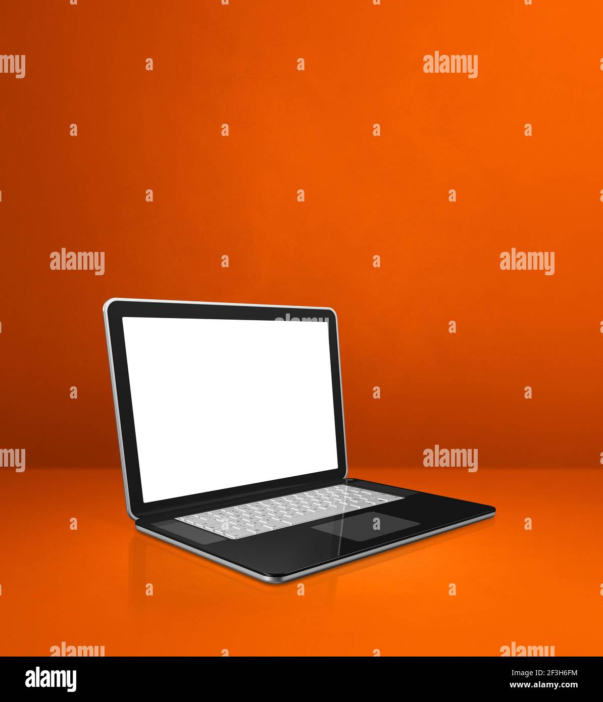 Laptop computer on orange office scene background. 3D Illustration ...