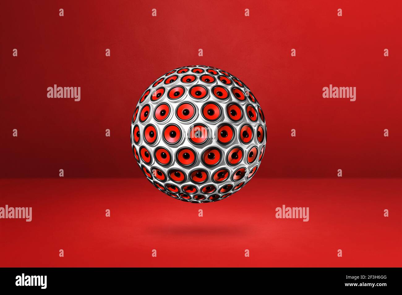 Speakers sphere isolated on a red studio background. 3D illustration ...