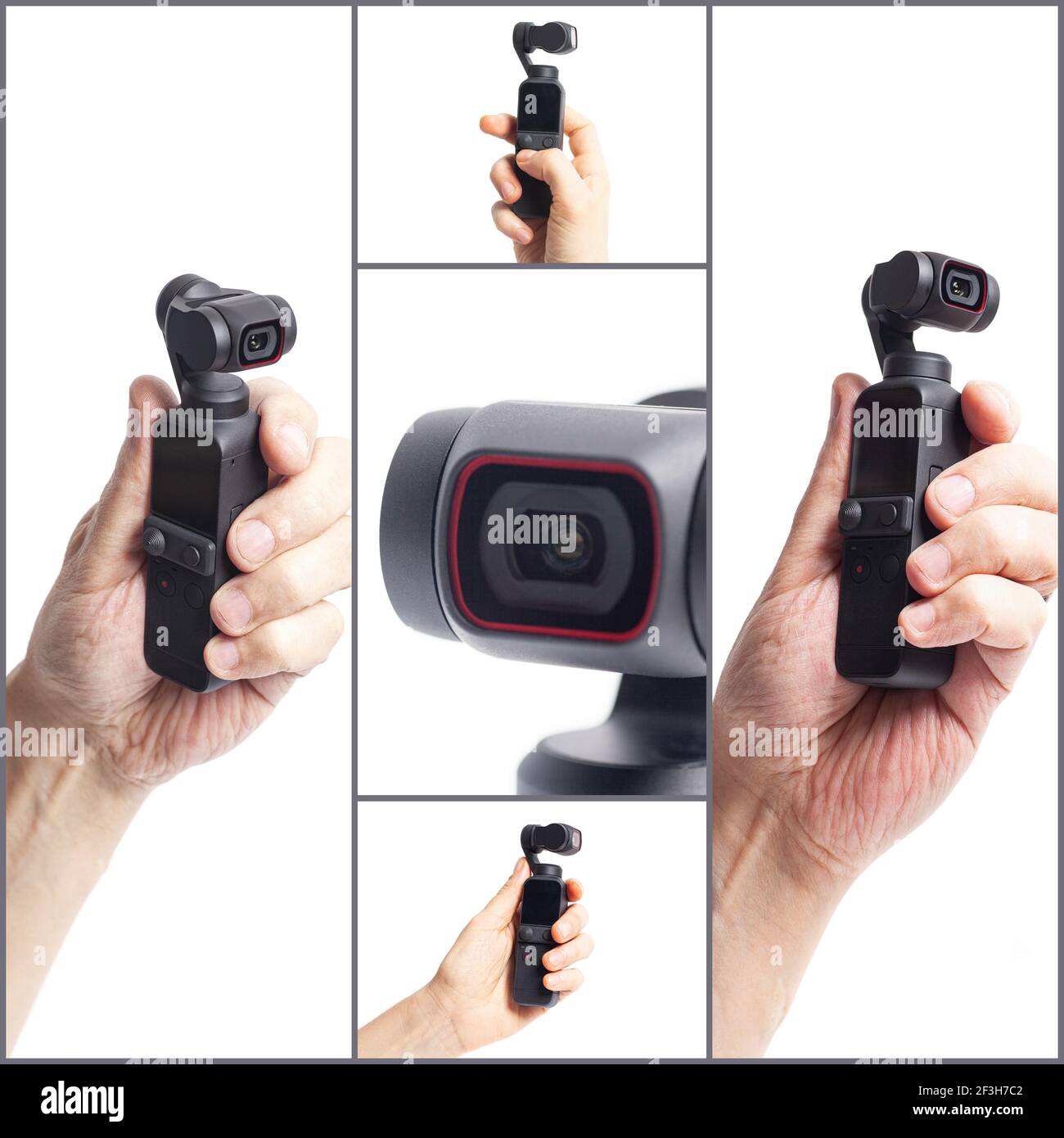 Hand hold action camera isolated on white background.Collage Stock ...