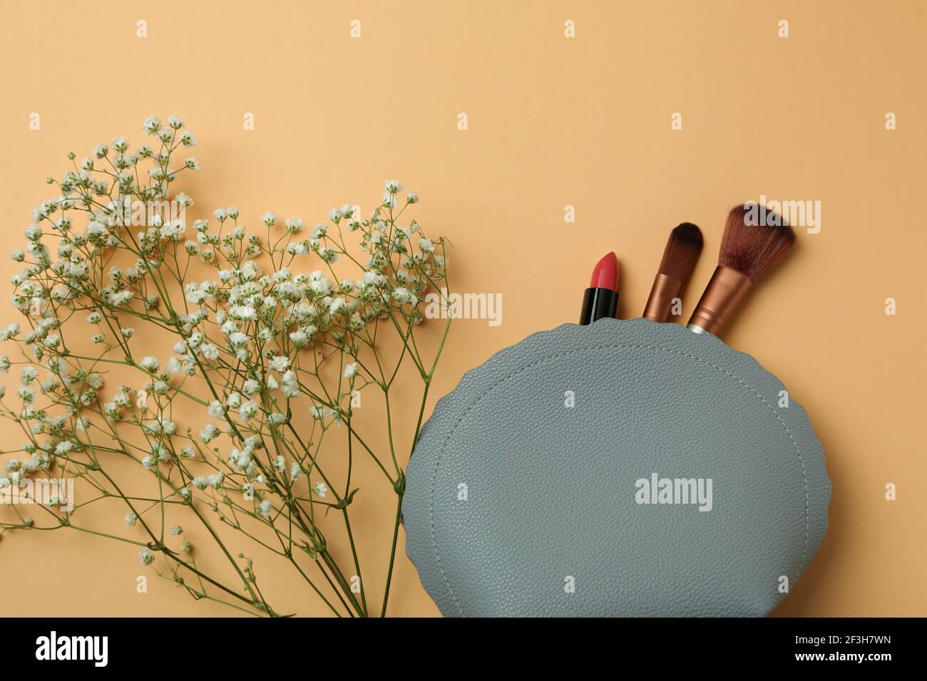 Cosmetic bag and gypsophila flower on beige background Stock Photo - Alamy