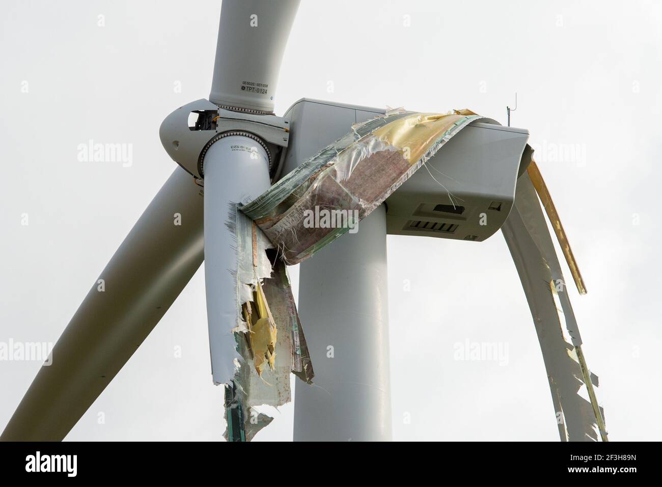 A broken wind turbine at EDF Energy's Park Springs site in Barnsley ...