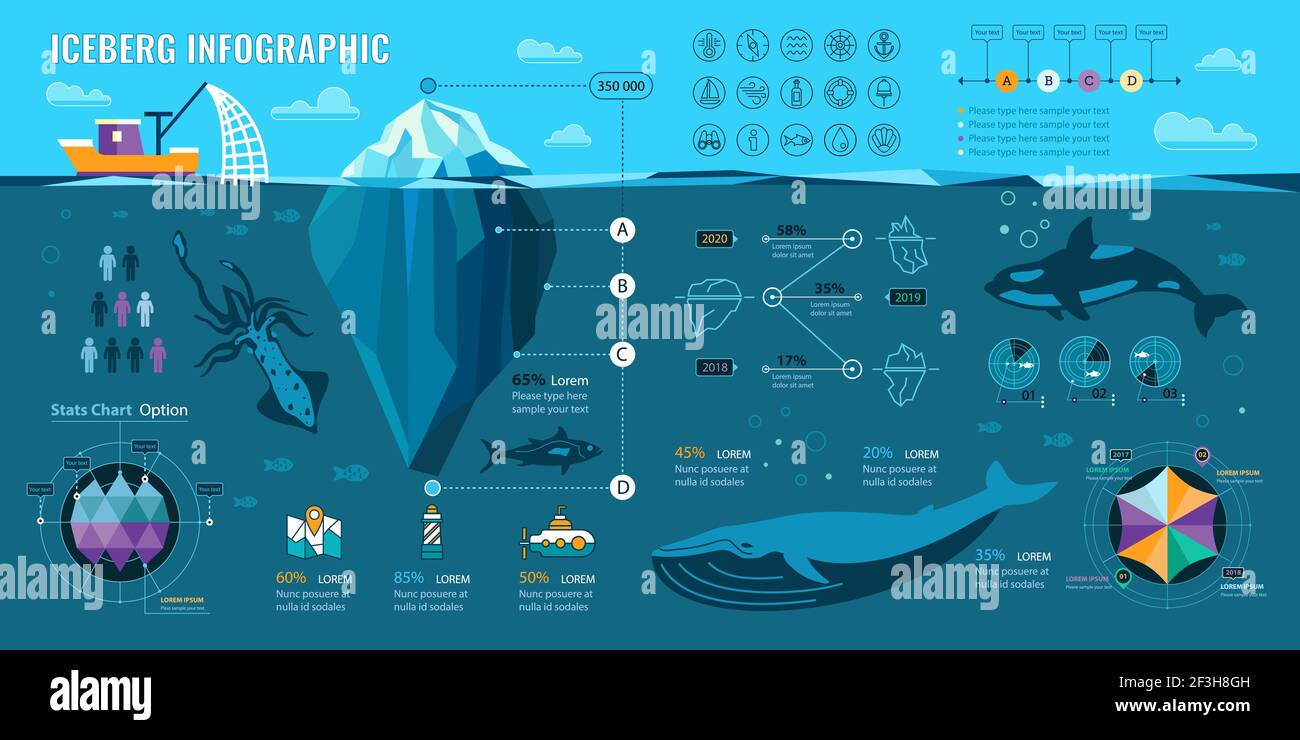 Iceberg and underwater infographics. Vector flat elements with ...
