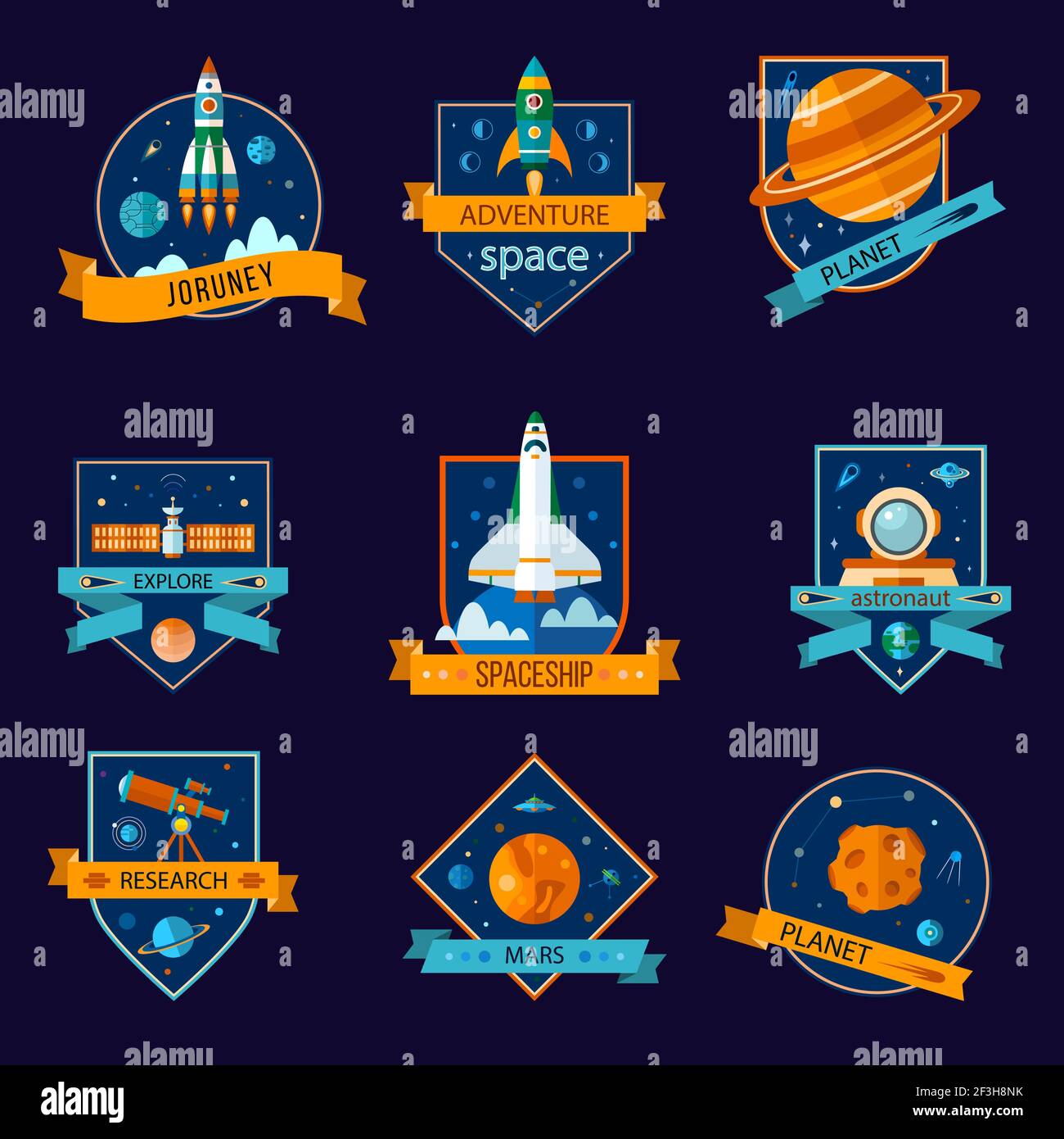 Space and astronaut vector colored badges. Labels,emblems, of space ...