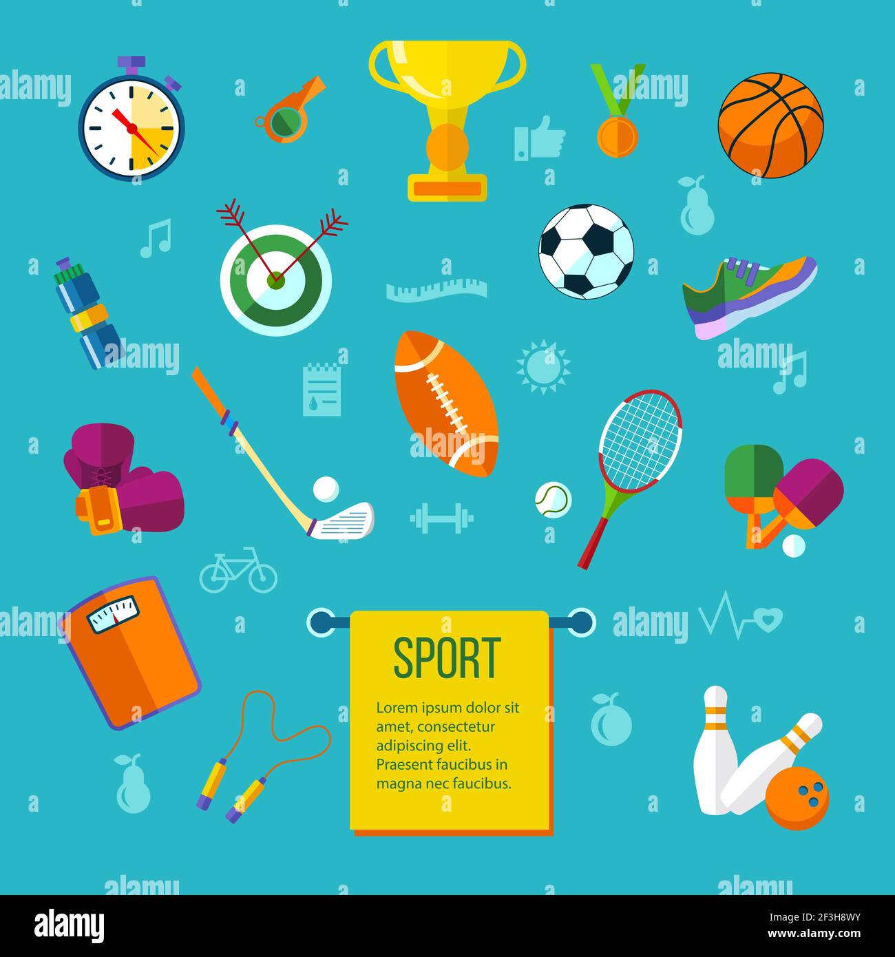 Vector flat sport elements with balls, rackets, reward. Flat ...