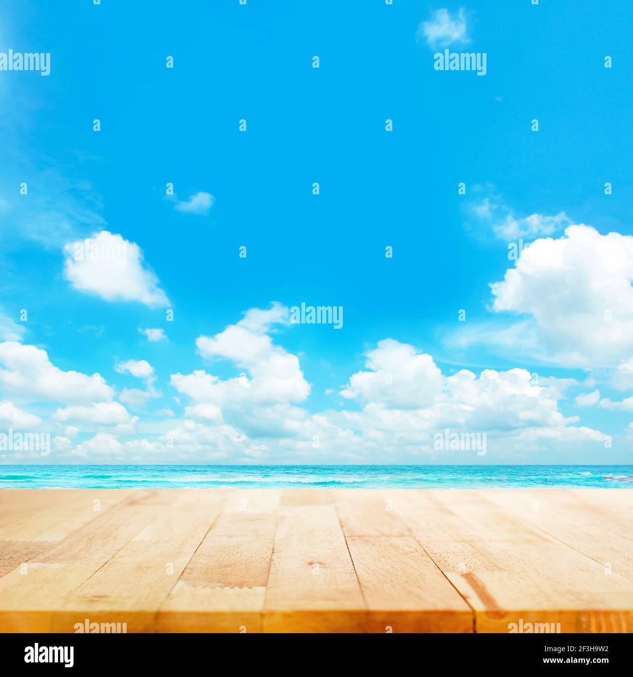 Wood table top on blue sea & sky background - beach & summer concepts ...