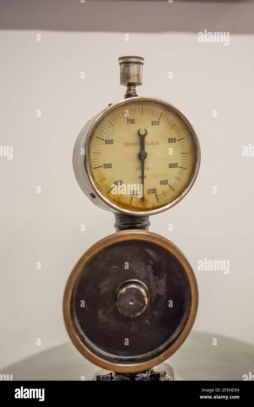 Seia / Portugal - 08 22 2020: Detailed view of old barometer of power ...