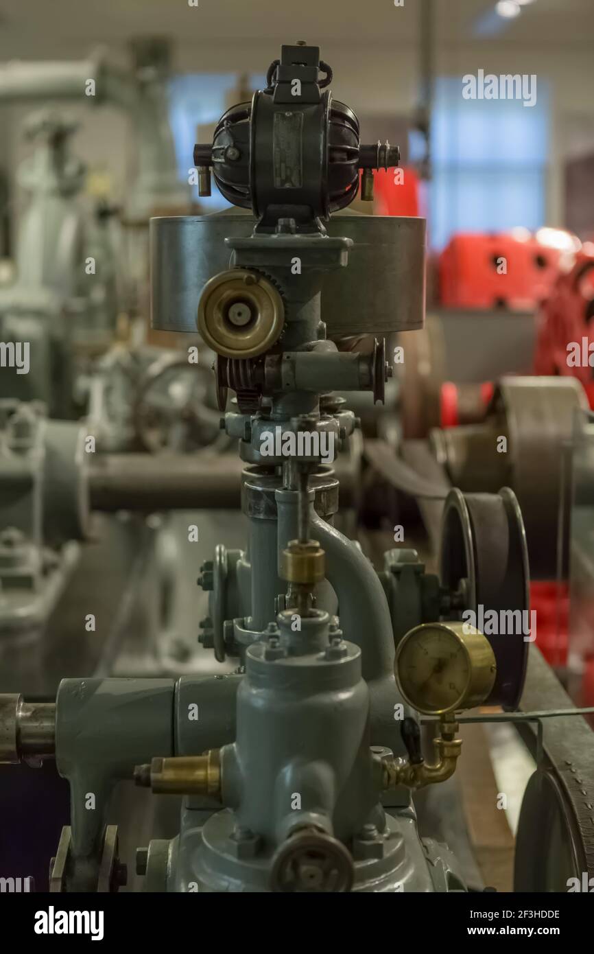 View of a classic 1934 industrial hydroelectric generator turbines and ...