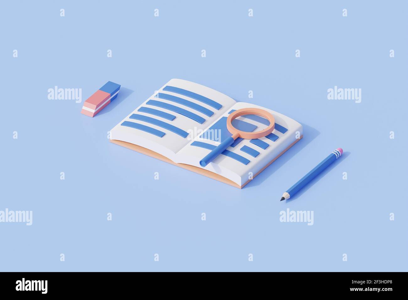 books analysis education with book and magnifying glass with 3d render ...