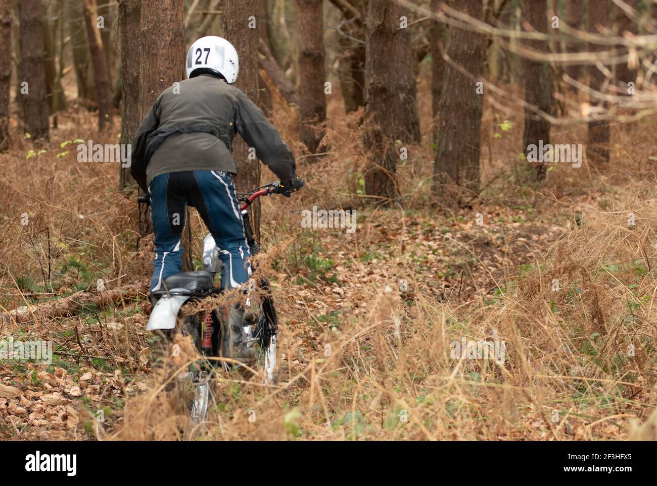 Motorcycle trials rider standing up between sections Stock Photo - Alamy