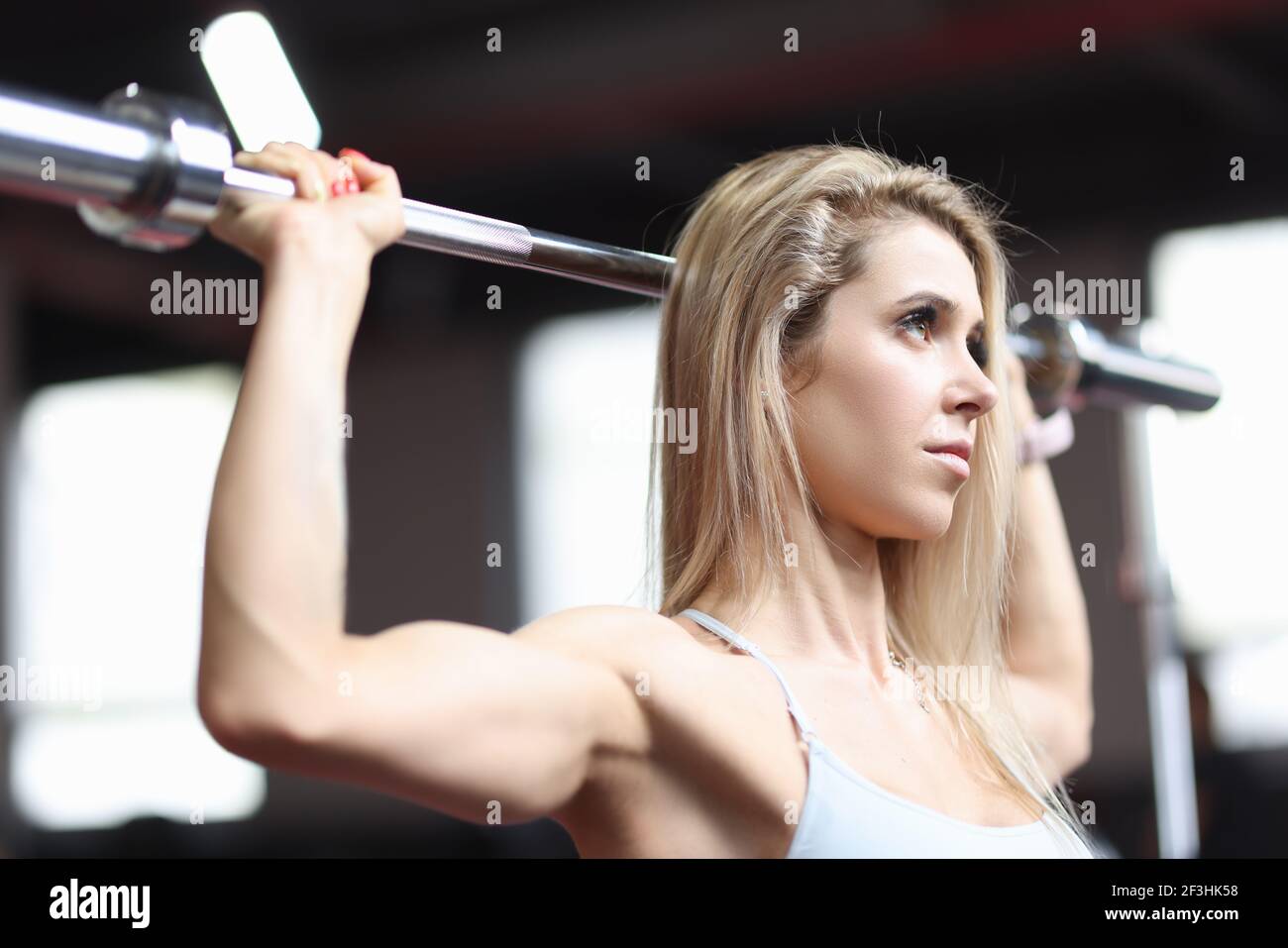 Portrait of an athletic woman performing pull-ups on bar Stock Photo ...