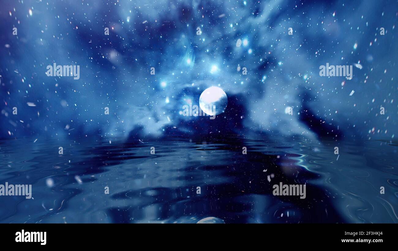 Snowing over Full Moon Water Reflection Stock Photo - Alamy