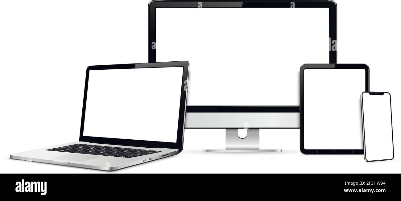 Device screen mockup. Smartphone, tablet, laptop and monoblock monitor ...