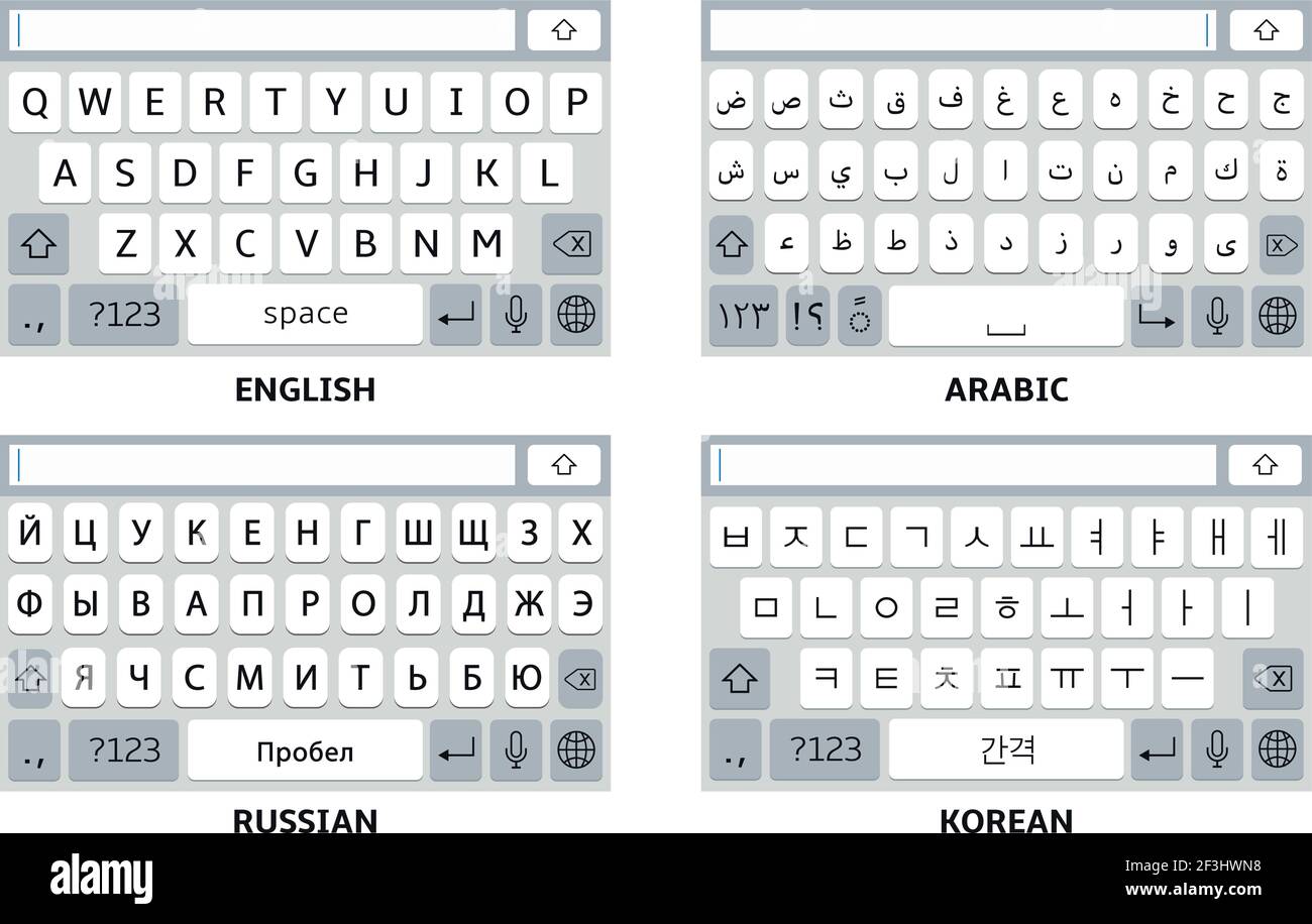 English, Arabic, Korean, Russian smartphone virtual keyboard set Stock ...