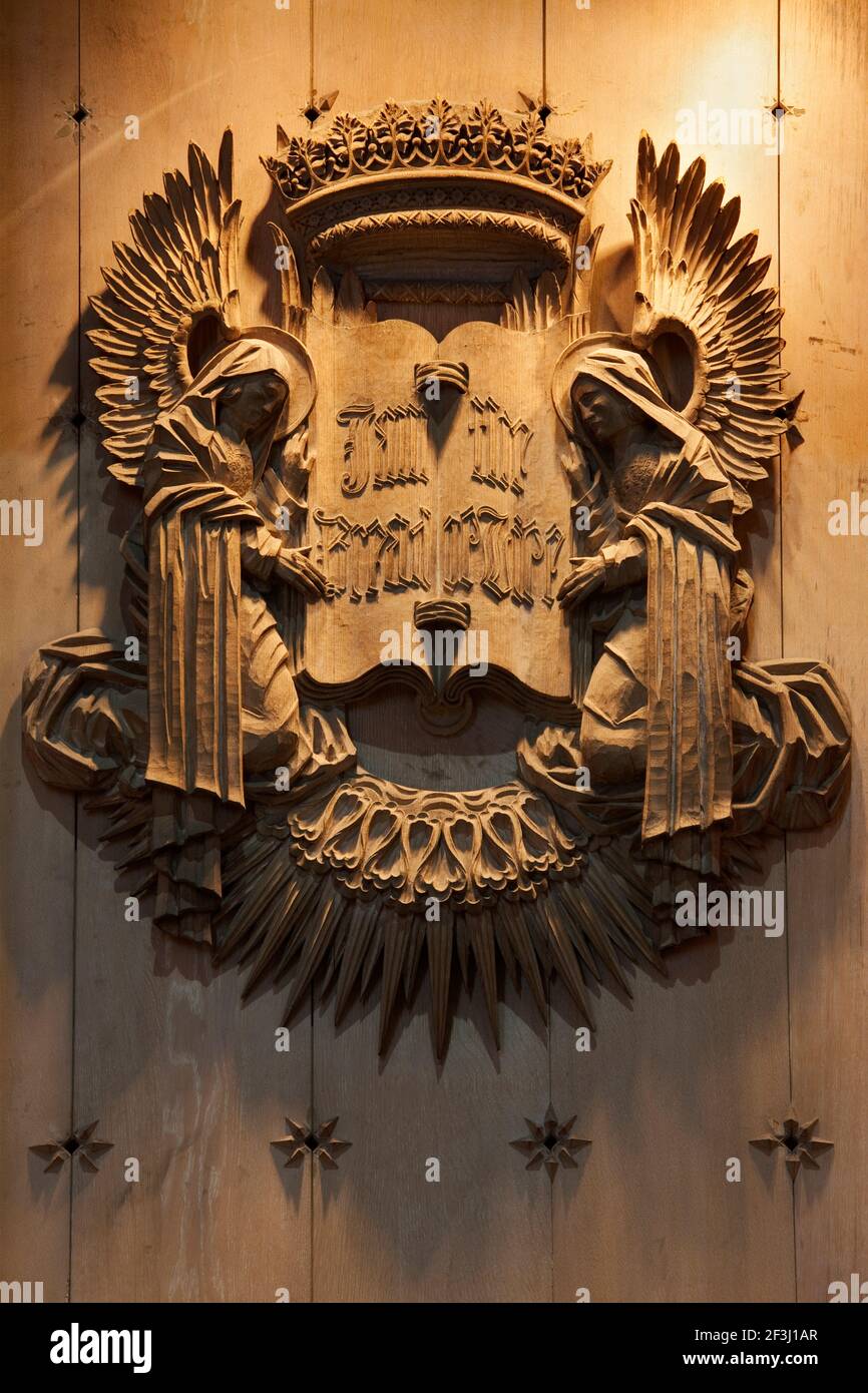 A wooden shield on a door inside Liverpool Cathedral, The Anglican ...