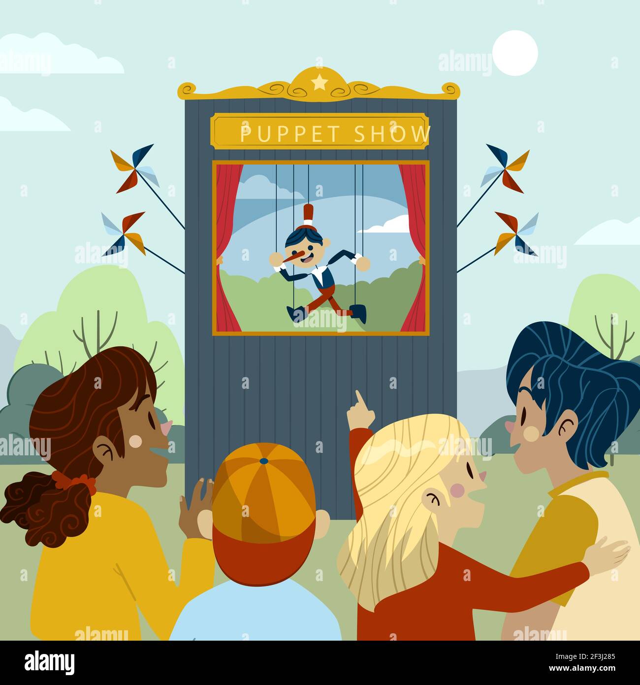Illustrated kids watching a cute puppet show Vector illustration Stock ...