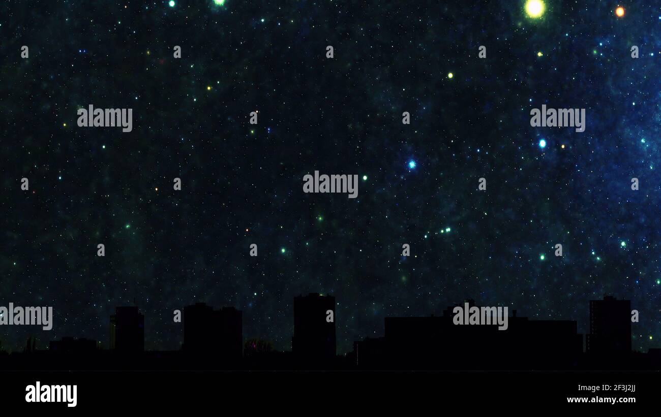 City silhouette at night with sky filled with stars Stock Photo - Alamy