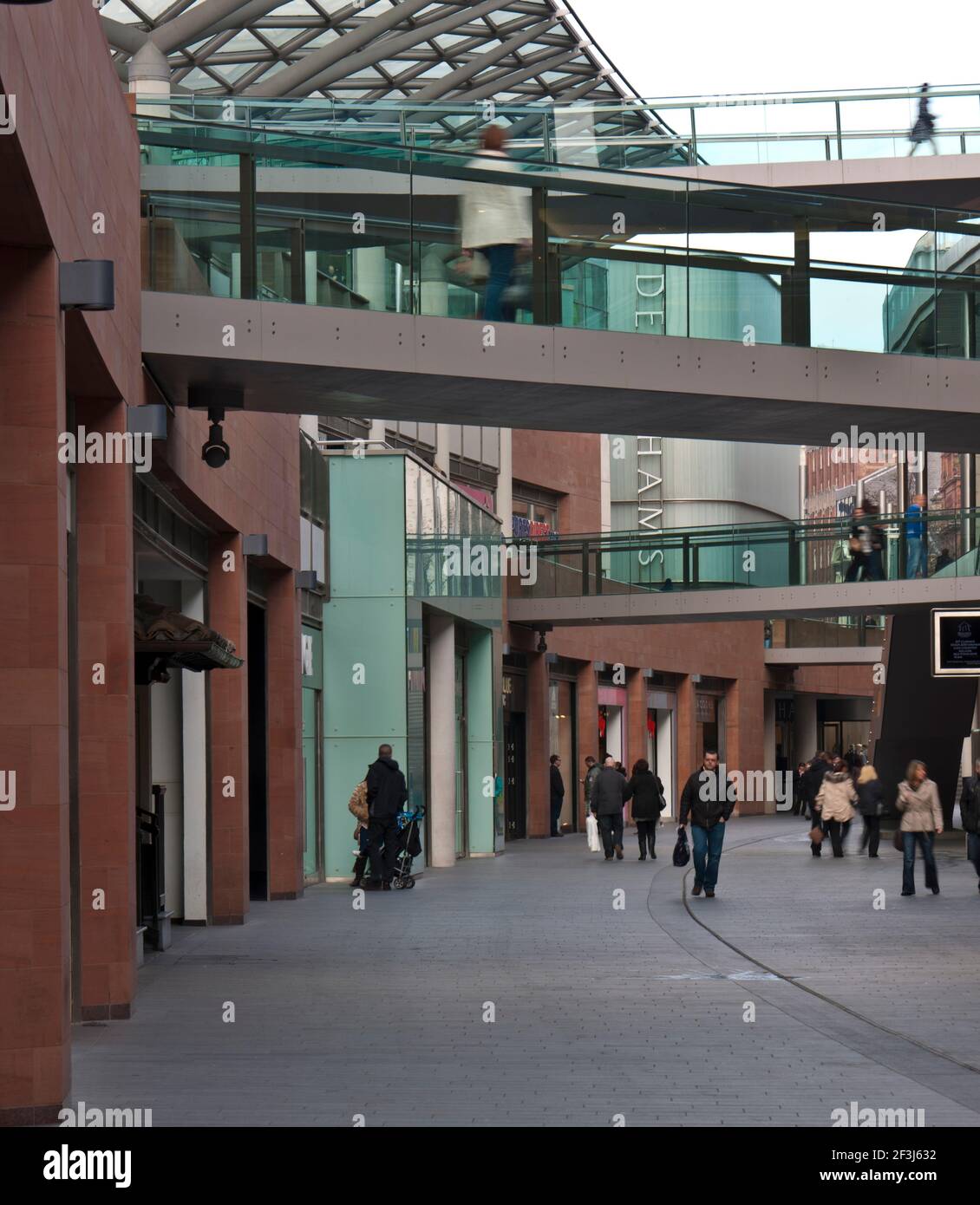 Main open street with high-level walkways at Liverpool One shopping ...