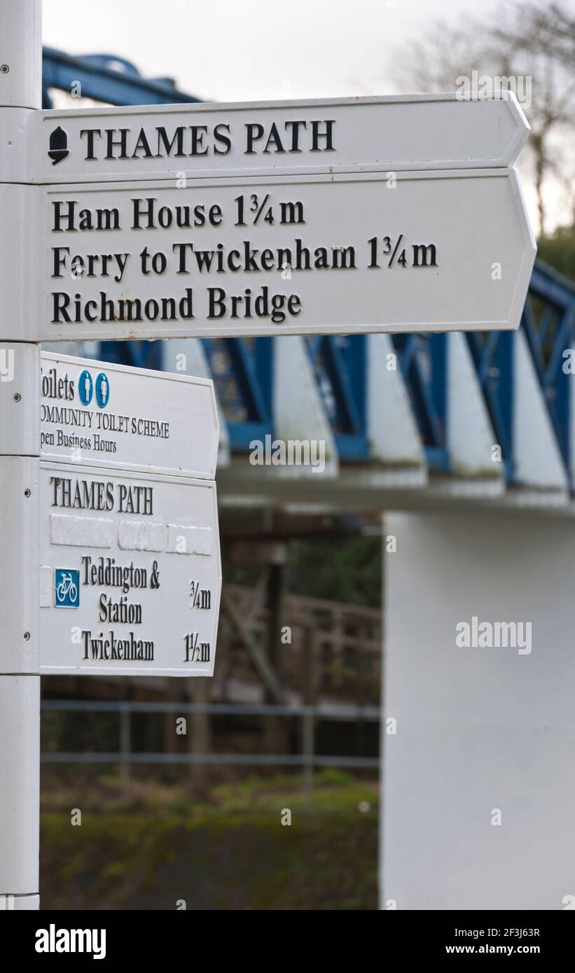 SIgn on the River Thames at Teddington Lock for the Thames Path - a 184 ...