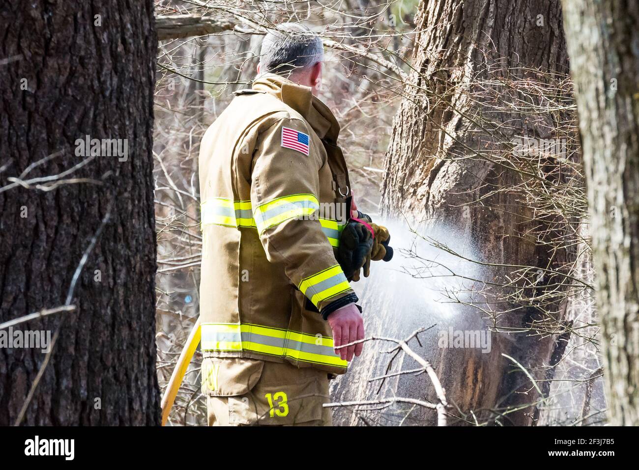 Fire fighter spraying water to control a brush fire Stock Photo - Alamy