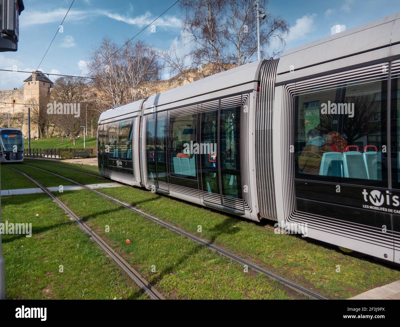 Caen, France February 20, 2021. The city center a new tram line ...