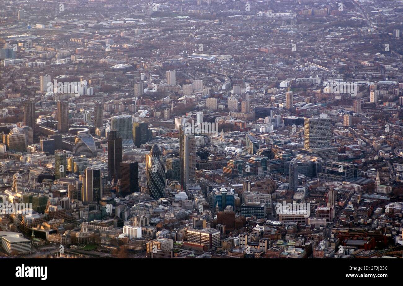 Aerial view of the City of London, with the Gherkin, Nat West and ...