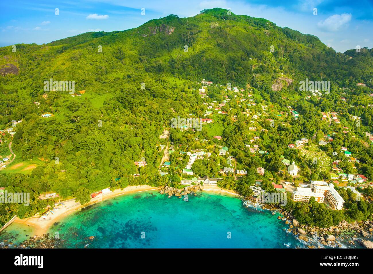 Aerial view of the tropical Mahe Island and beautiful lagoons ...
